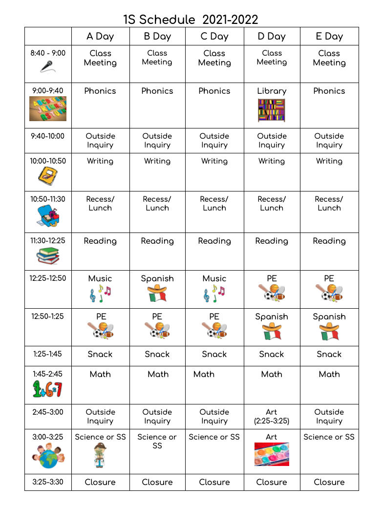 1st Grade - Alicia Schuh / Daily Schedule