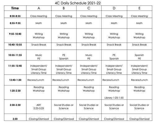4th Grade - Heather Carson / 4C Daily Schedule